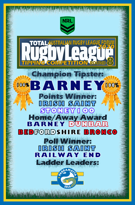 NRL TIPPING COMPETITION Round 8 2020 - Results Posted; Awards Presented ...